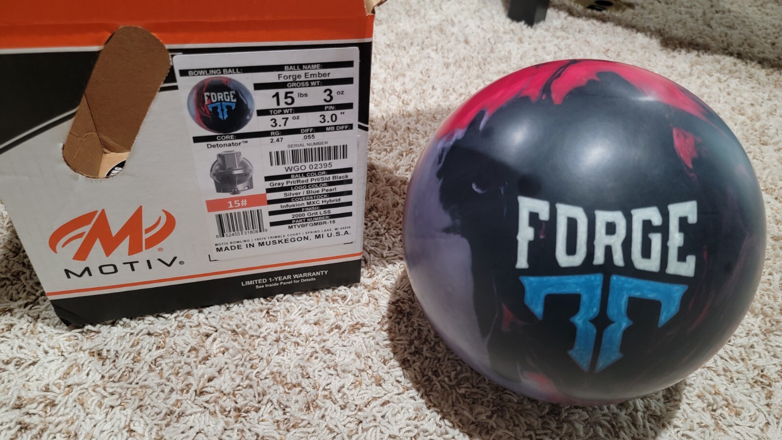 Motiv Forge Ember 1st Quality Bowling Ball | 15 Pounds | 3" Pin | 3.7oz ...
