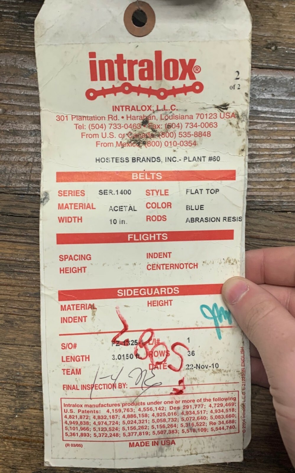 INTRALOX SERIES 1400 FLAT TOP BLUE ACETAL CONVEYOR BELT 10"W X 3.0150 ...