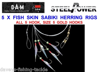 5 DAM STEELPOWER FISH SKIN SABIKI HERRING RIGS 5 HOOK # 5 SEA FISHING ...