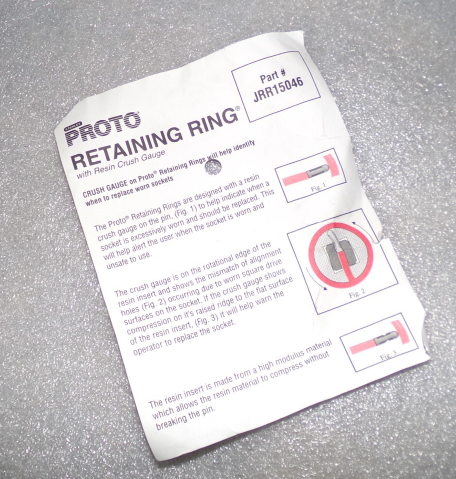 Proto JRR15046 1-1/2" Drive Retaining Rings Crush Gauge 2-7/8" ID NEW ...