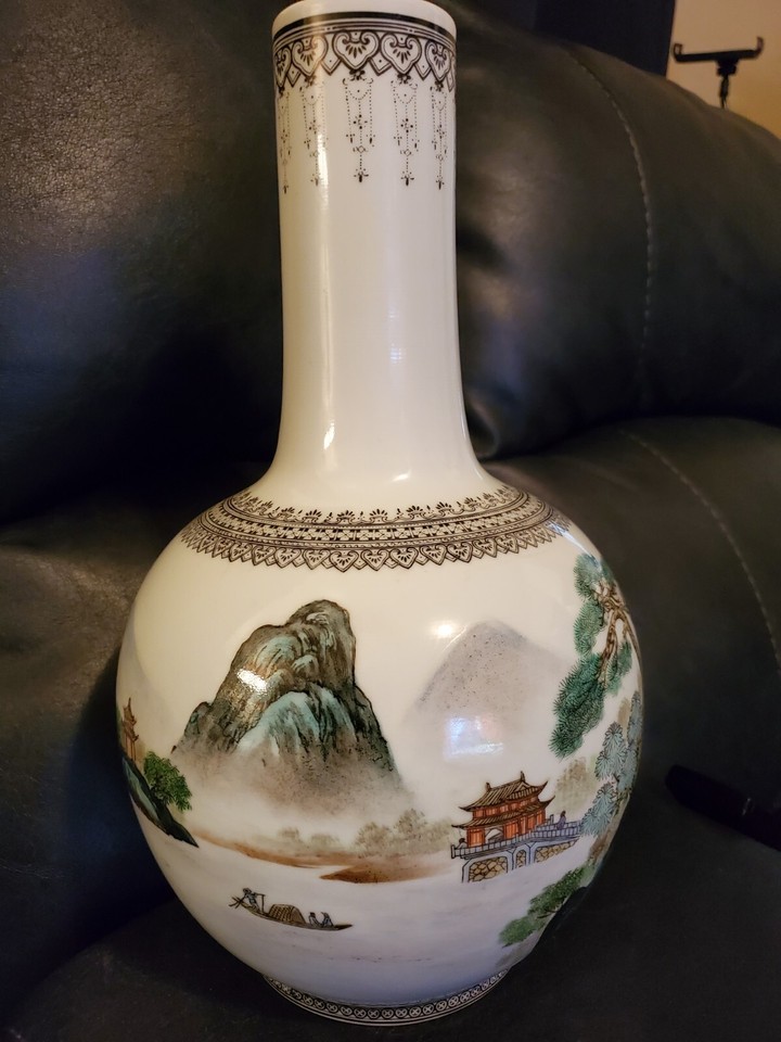 VTG Chinese 1980s Porcelain Ming Flower Vase Gingko Tree Pagoda Forest ...