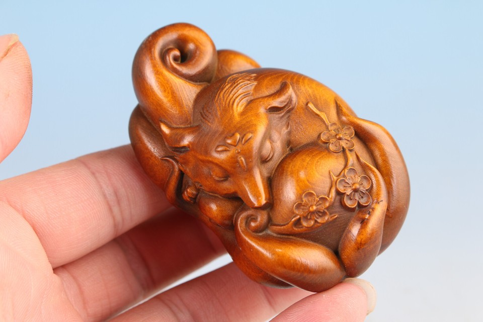 Japanese boxwood hand carved fox Figure statue netsuke collectable gift ...