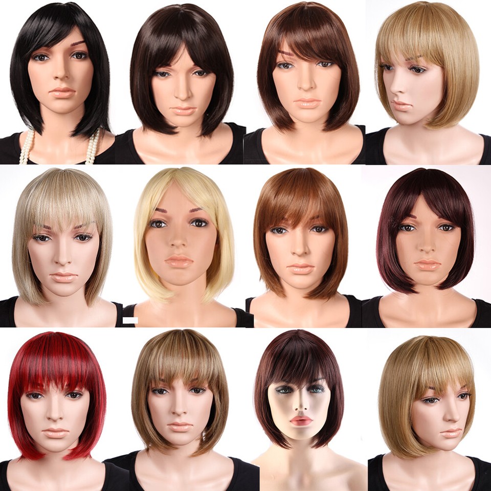 Women Short Bob Hair Wig With Bangs Heat Resistant Synthetic Cosplay ...