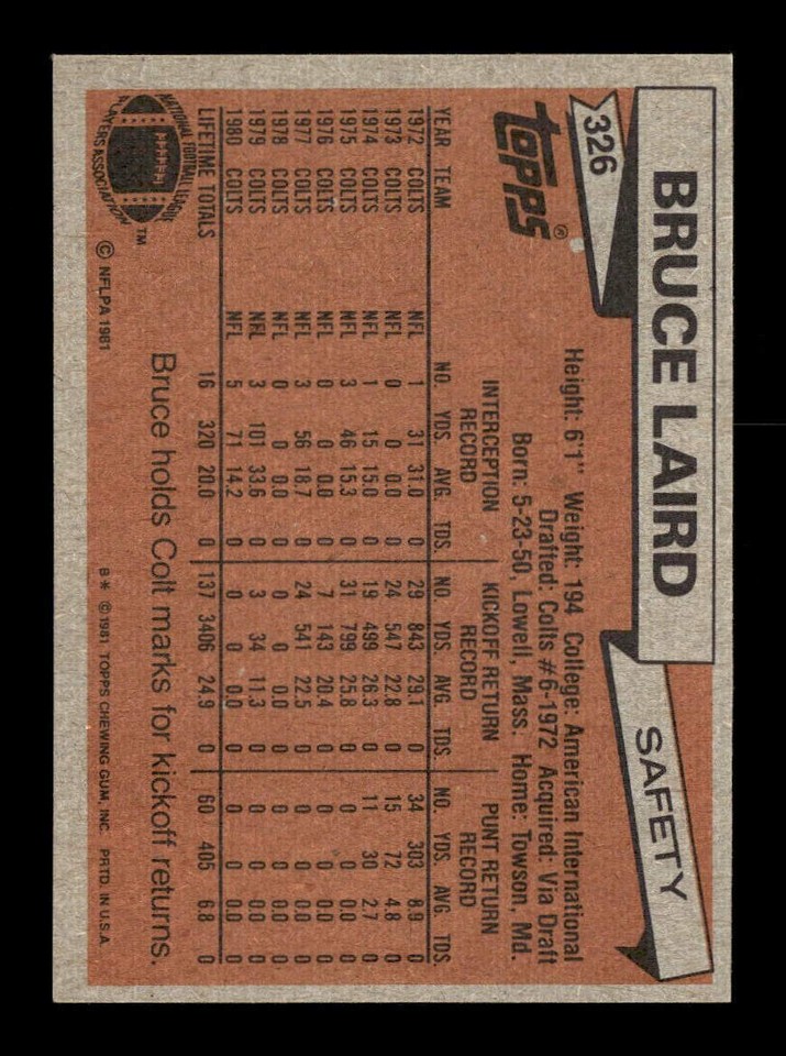 1981 Topps #326 Bruce Laird Baltimore Colts NM+ Football Card *H509 | eBay