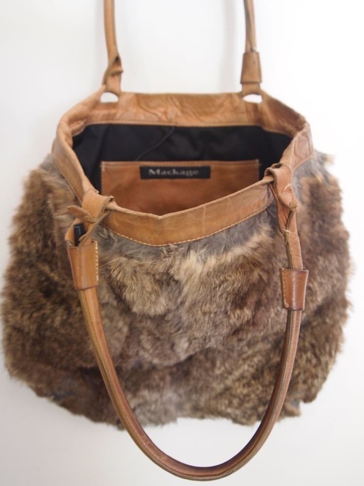 VINTAGE GENUINE MACKAGE leather rabbit fur BOHO HIPPY Purse TOTE ...