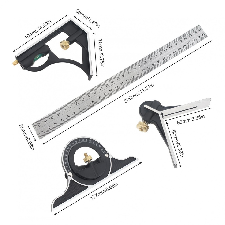 12" Combination Protractor Tri- Square Angle Ruler Machinist Measuring ...