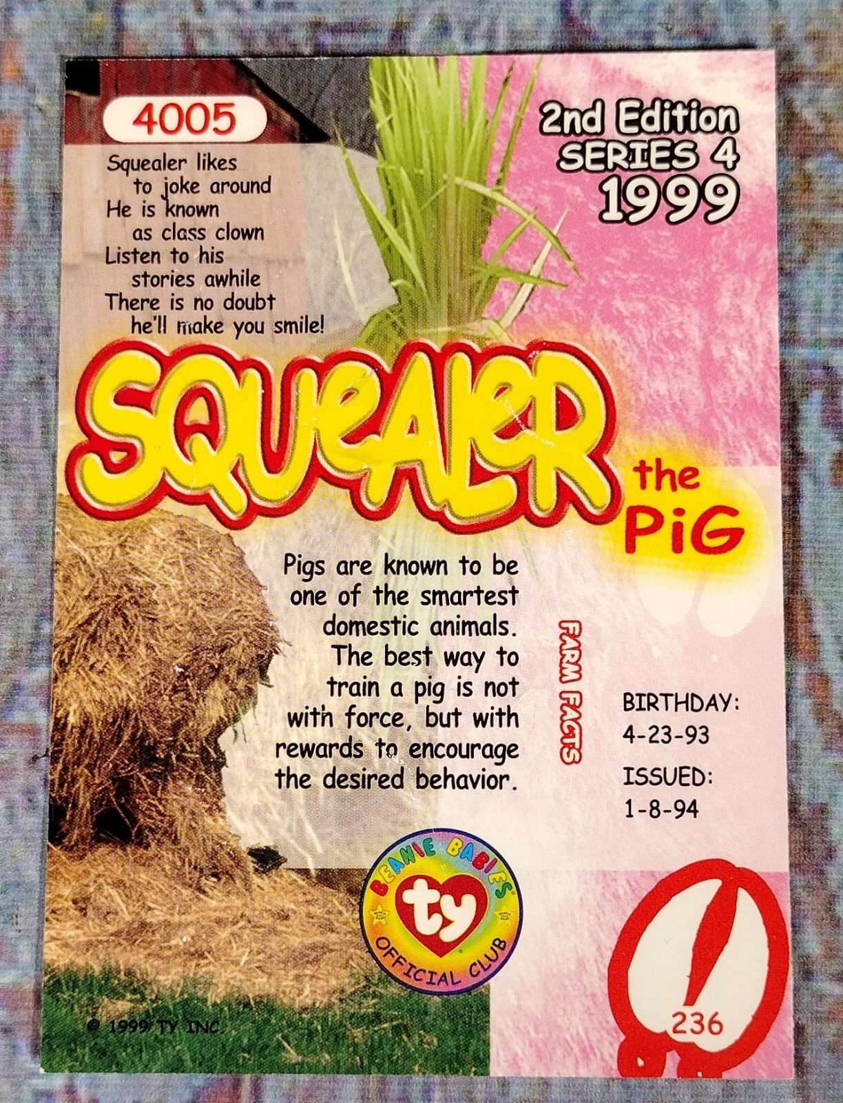 Beanie Babies Trading Card 1999 SQUEALER the Pig 2nd ED Ser 4 236 ...