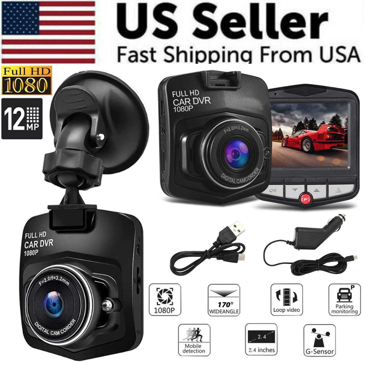 2.4'' Full HD 1080P Dash Cam Car DVR Front or Rear Camera Night Vision ...