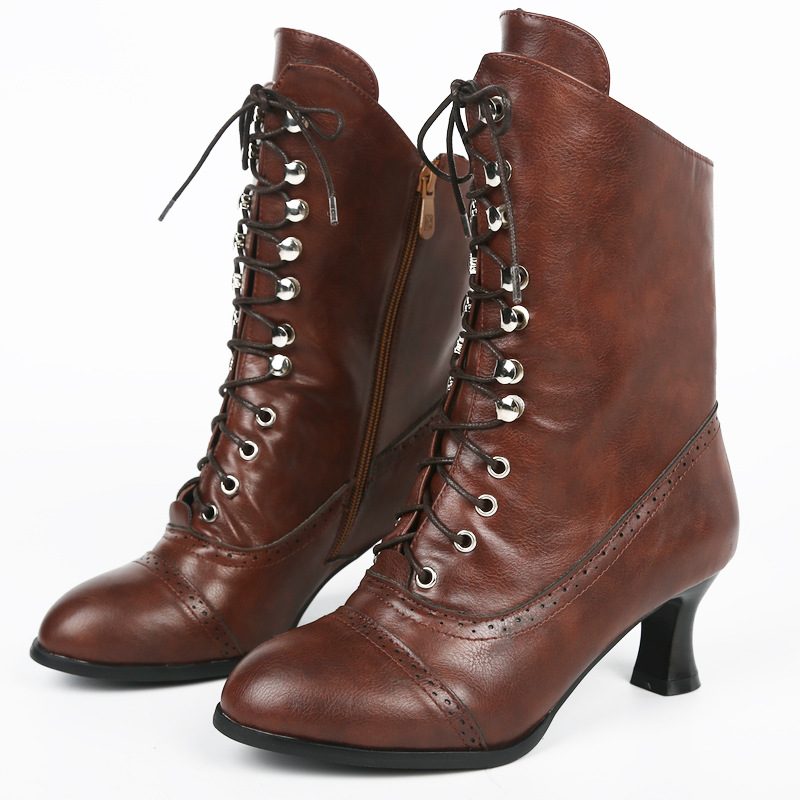 Women Steampunk Lace Up High Heel Rustic Shoes Victorian Ankle Boots ...