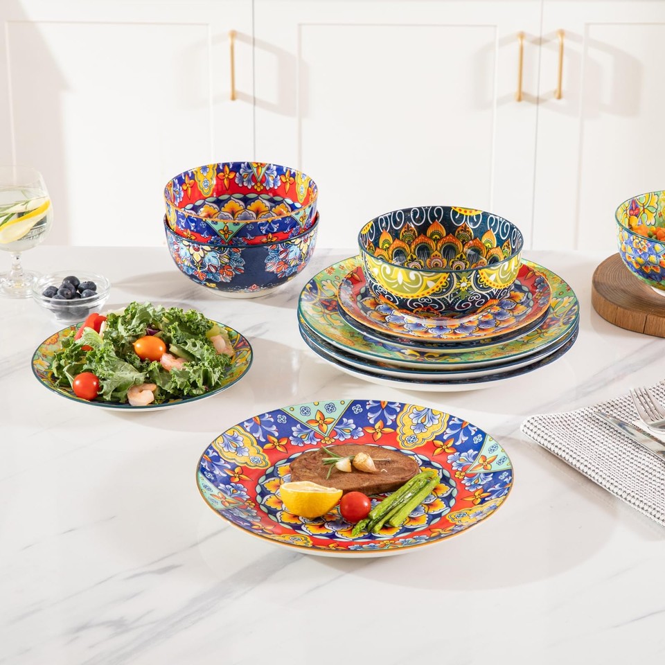 Ceramic Dinnerware Sets for 4,12 Pieces Boho Plates and Bowls for ...