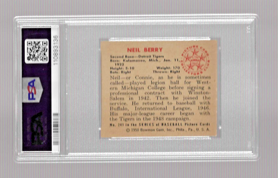 1950 BOWMAN BASEBALL CARD #241 NEIL BERRY RC PSA 7 NQ MLB DETROIT ...