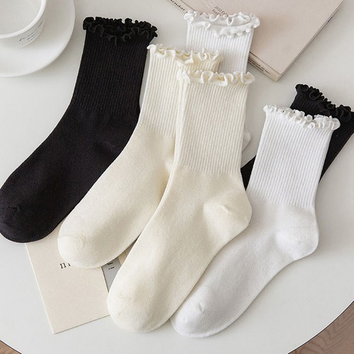 Ruffle Edge Socks Middle Tube Ankle High Ladies with Striped Texture ...