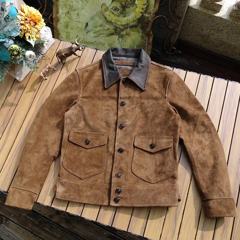 Mens Slim Vintage Style Casual American Wild West Jacket Suede Cowhide ...