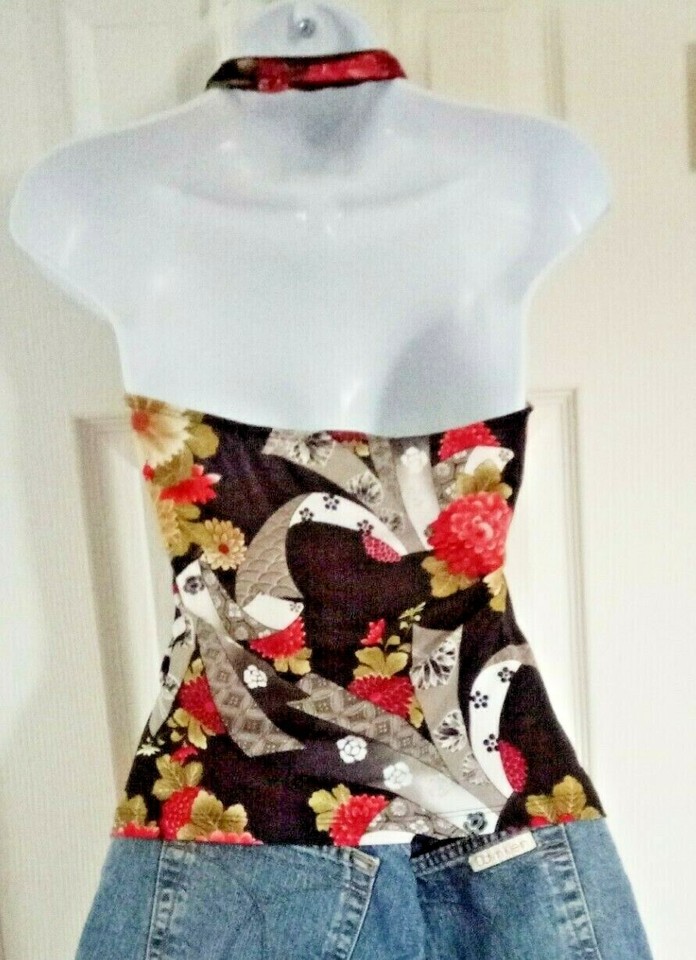 Cute Halter Top Asian red and black floral size Small | eBay