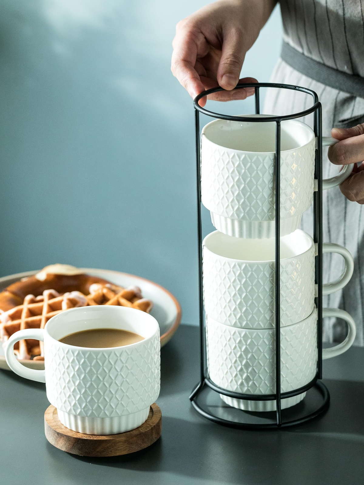 Stackable Coffee Mugs with Rack 13 oz Ceramic Coffee Mug Set of 4 with ...
