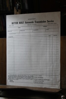 1960's Lake City Tennessee Repair Order Better Built Transmission ...