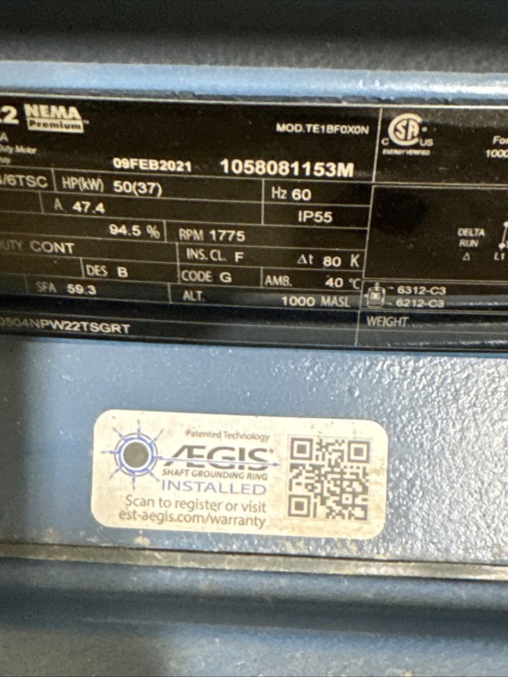 WEG W22 50 HP Motor 3 Phase 575 Volts 47A W/AEGIS crated can arrange ...