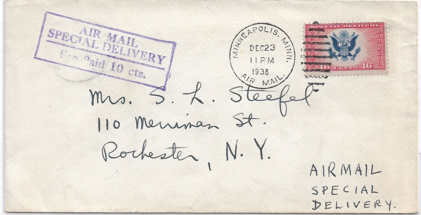 Minneapolis, MN to Rochester, NY 1938 Airmail Special Del. solo Sc ...