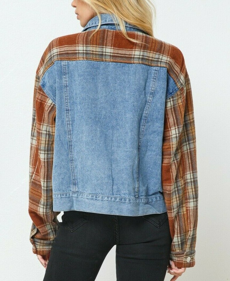 Boho Vintage Western Plaid Jean Shacket Flannel Shirt Washed Denim ...