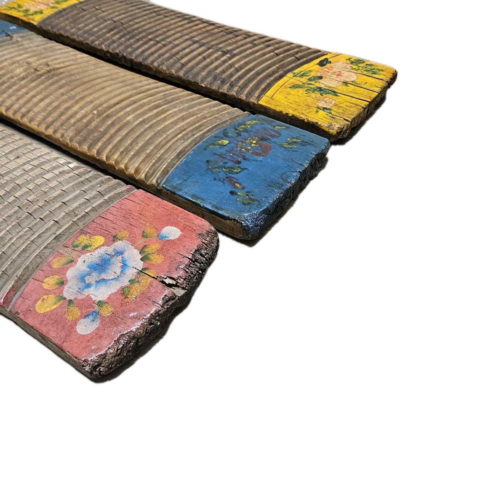 Set Of 3 Vintage Primitive Hand Decorated Chinese Wooden Wash or Scrub ...