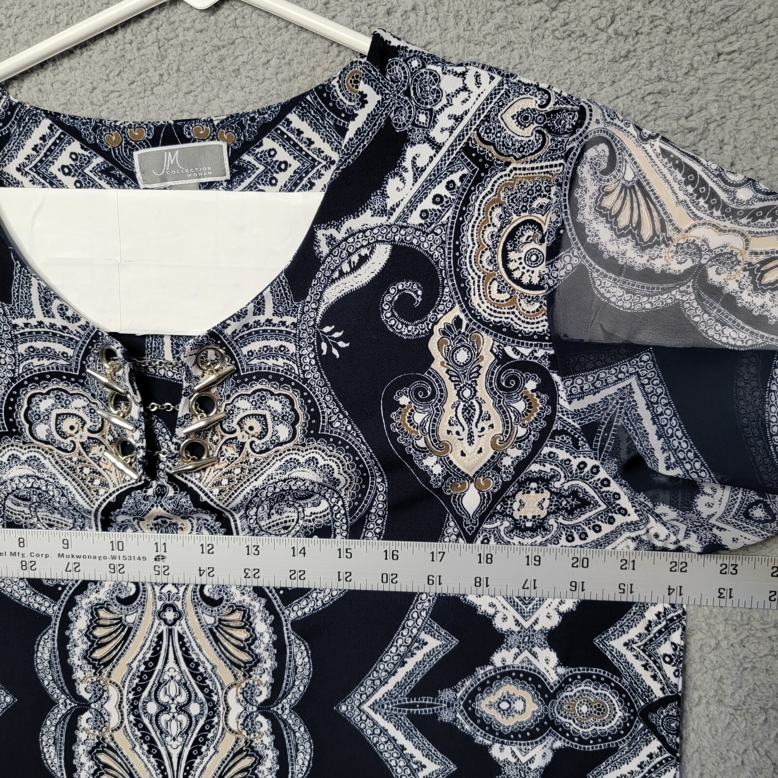 JM Collection Womens Top Blouse 3/4 Sleeve Paisley Round Neck Black 1X ...