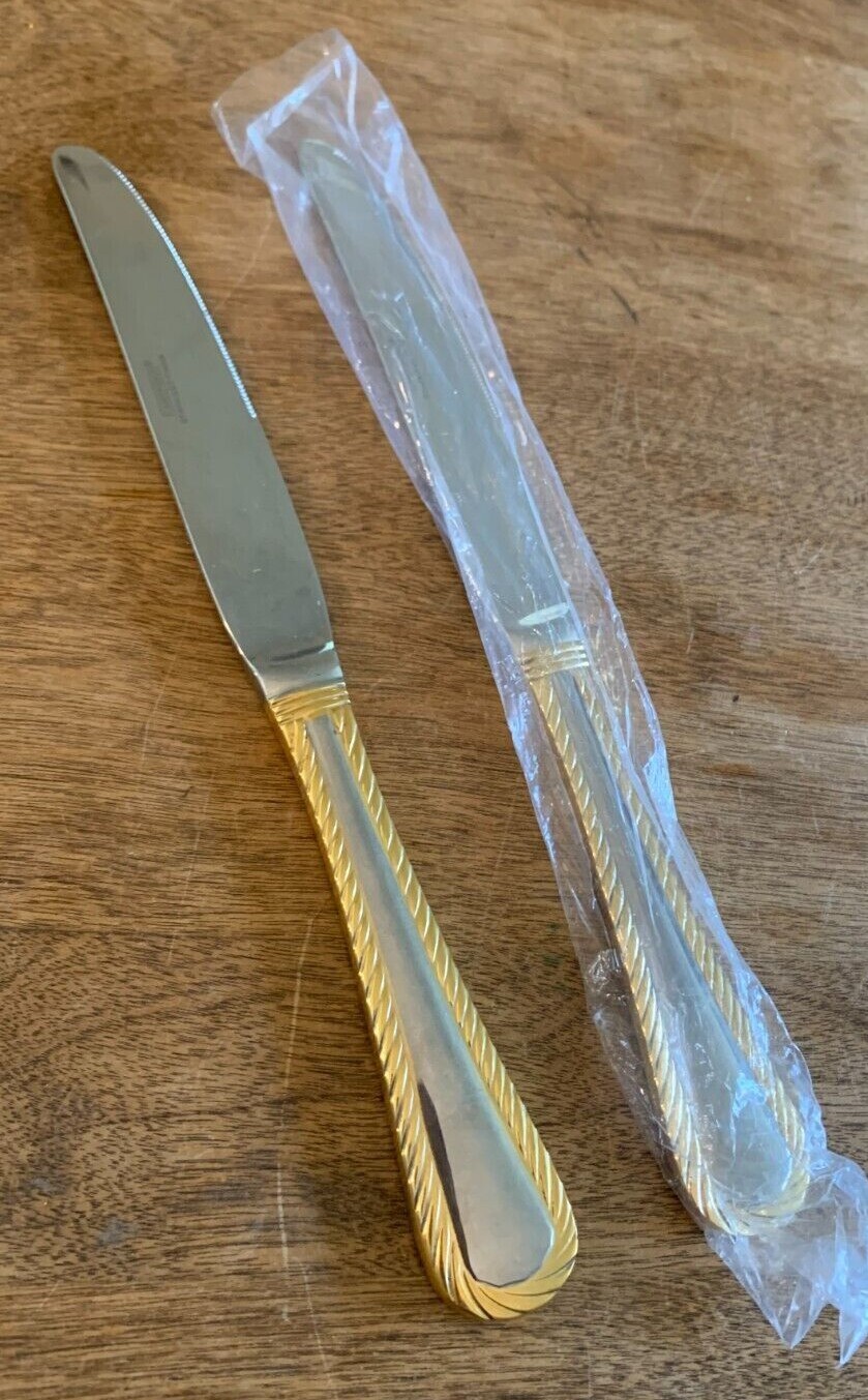 2 Dinner Knife Knives Cambridge Carlyle 18/8 Stainless Gold Accent Rope ...