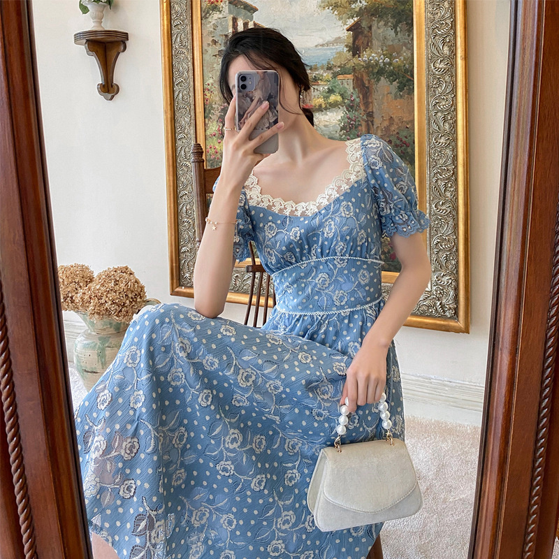 Lady Floral Rose Tea Dress Lace Puff Short Sleeve Ruffle Retro ...