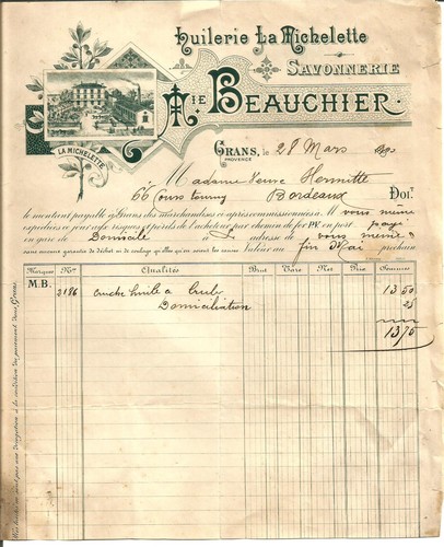 Grans, Facture + Quittance 1900,Beauchier,Huilerie La Michelette.Huile ...