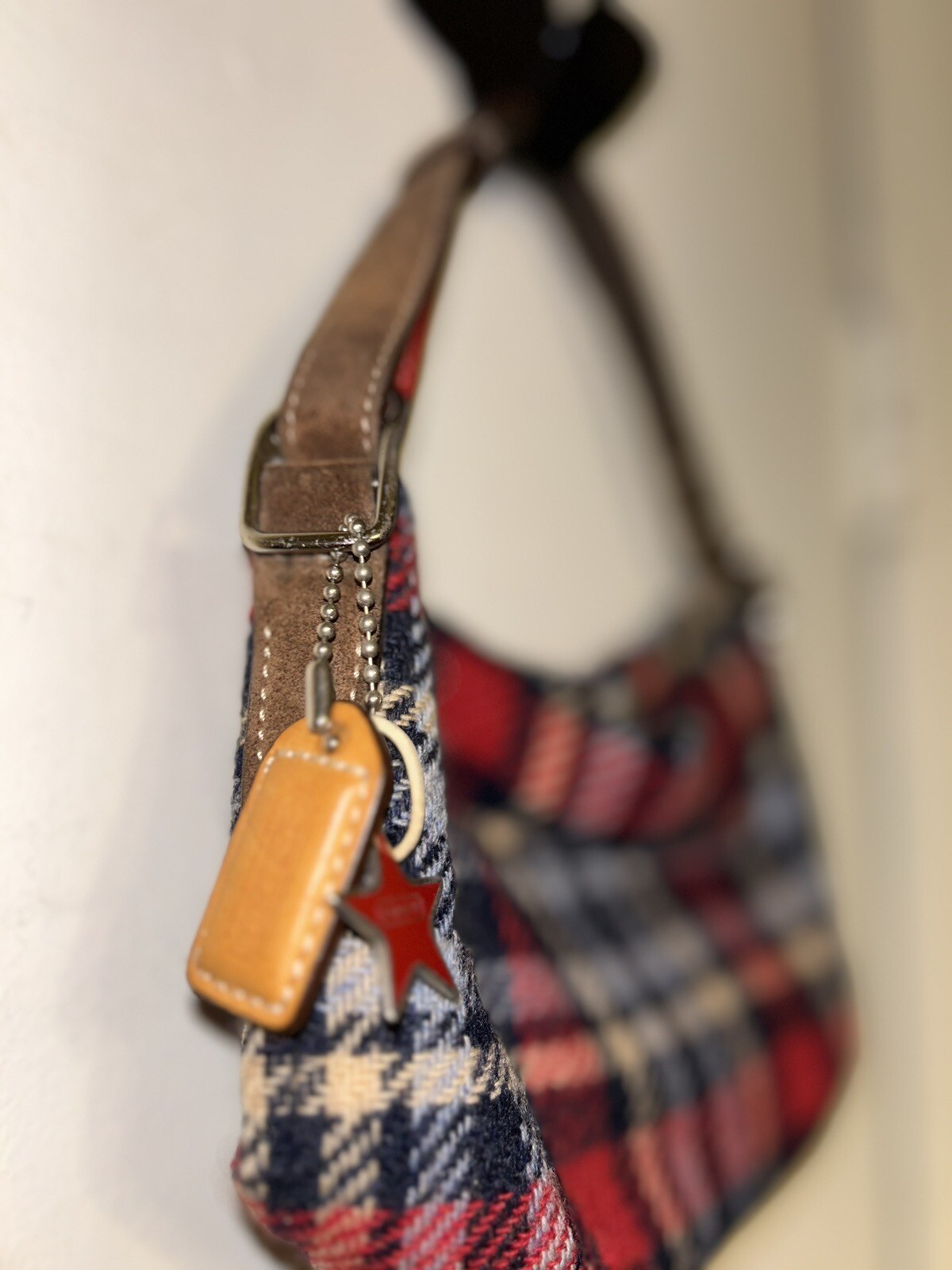 Coach Wool Plaid Fabric & Brown Leather Mini Zip Handbag | eBay