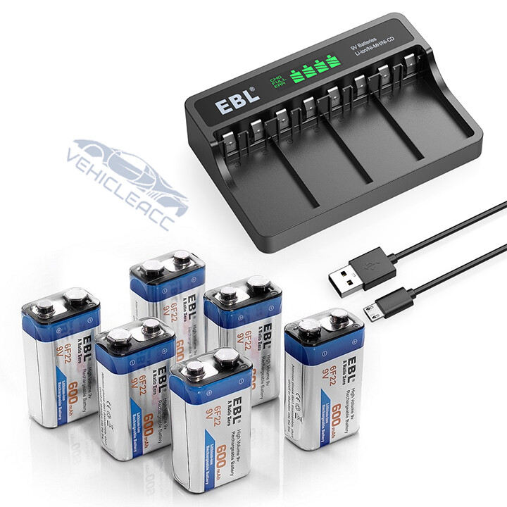 EBL 600mAh Rechargeable 9V Batteries / 9 Volt Lithium Ion Battery ...