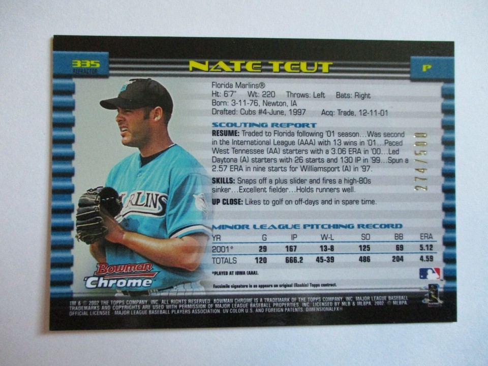 2002 Bowman Chrome Refractor Nate Teut Rookie RC Card #335 Serial #274/ ...