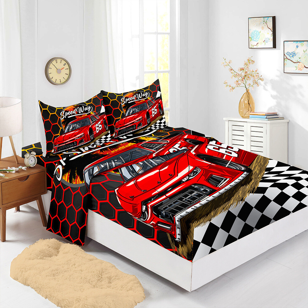 Racing Team Speed Cars Bed Decor Fitted Sheet Set Single/Double/Super ...