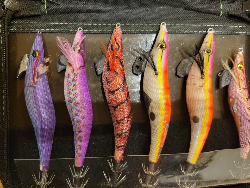 Set of 6 Eging Lures with Storage Case, Daiwa Emeraldas, Gan Craft EGI ...