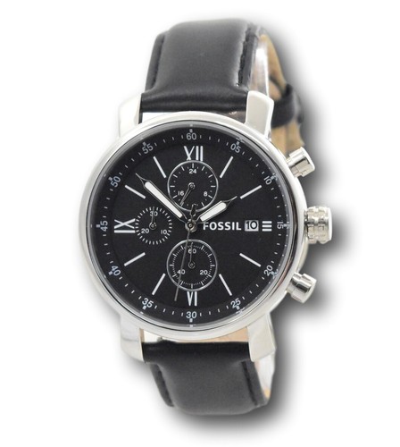 Fossil Rhett BQ1006 42mm Silver Stainless Steel Case with Black Leather ...