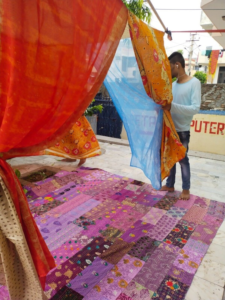 Indian Silk Sari Bed Canopy Four Post Bed Canopy Drapes Vintage fabric ...