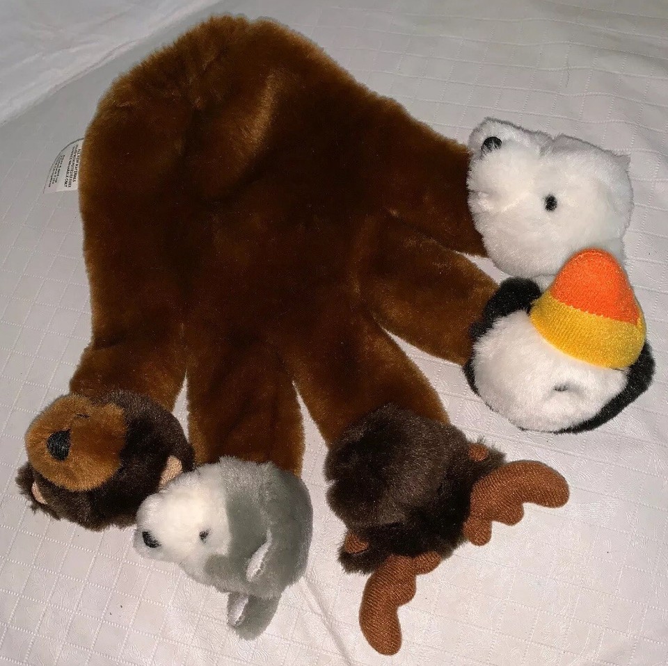 Hand Puppet Plush Animal Each Finger Puffin Polar & Black Bear Wolf ...