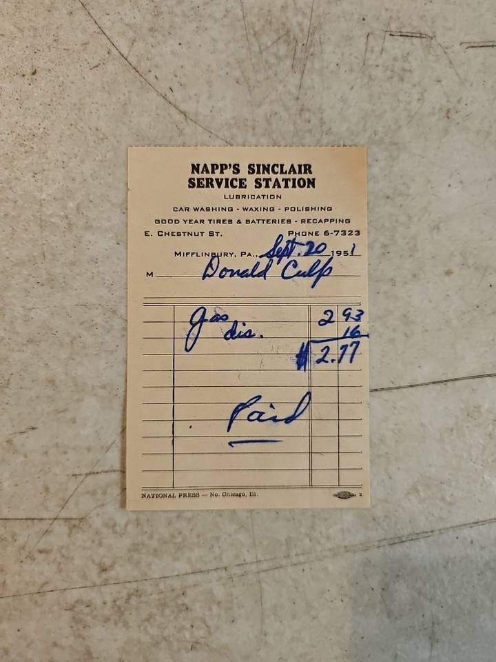 Vintage 1951 Napp's Sinclair Service Station Receipt. Mifflinburg, PA ...