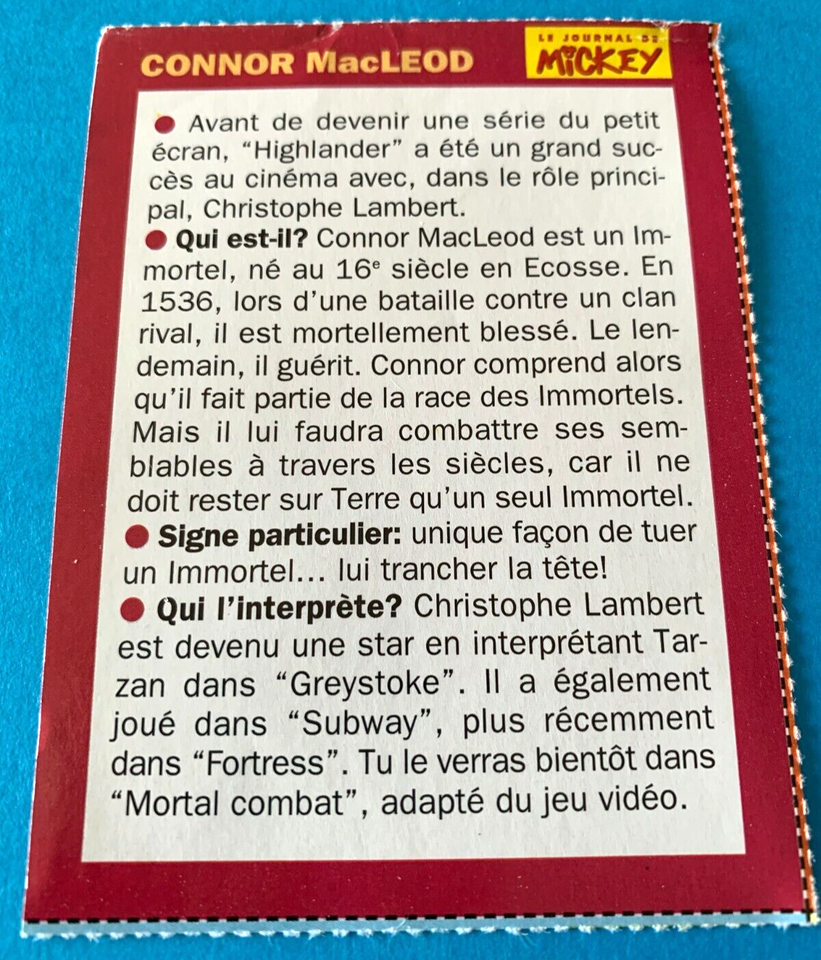 CONNOR MacLEOD, "HIGHLANDER", C. LAMBERT, RARE TRADING "ROOKIE" CARD ...