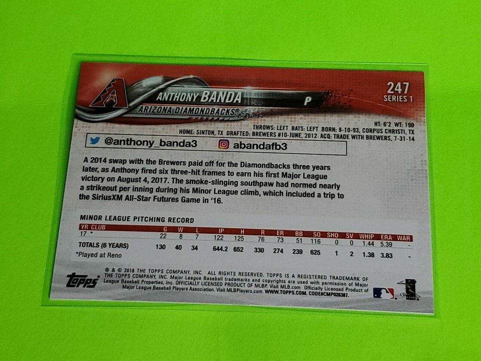 2018 Topps Series 1 Anthony Banda #247 Rookie RC Diamondbacks Rookie NL ...