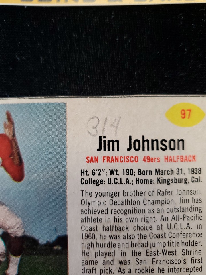 1962 Jim Johnson Post Cereal Football #97 Card San Francisco 49ers ...