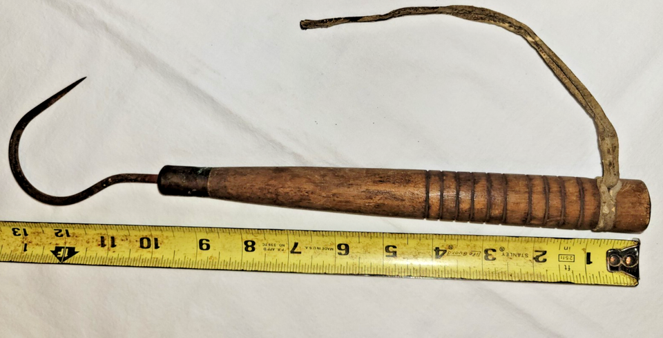 13" Vintage WOOD HANDLE FISHING GAFF with Rawhide Wrist Strap | eBay