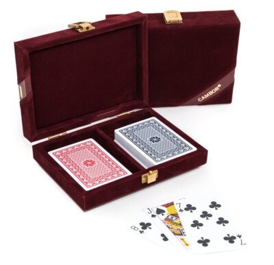 CARD CASE ELEGANT VELOUR CASE WITH BRASS HARDWARE with TWO DECKS OF ...