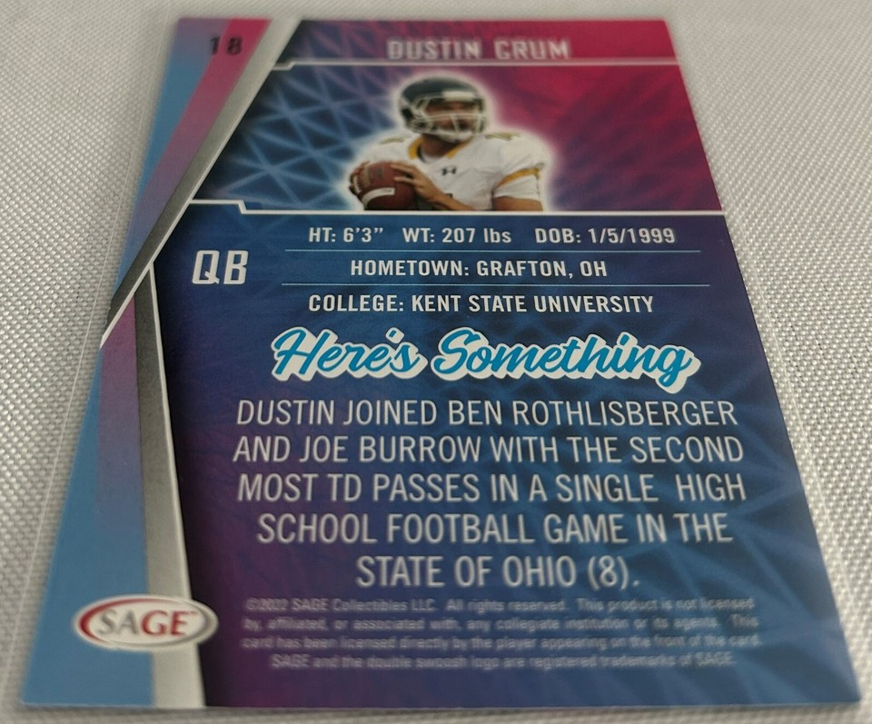 2022 Sage Hit Football Dustin Crum Kent State Golden Flashes rookie #18 ...