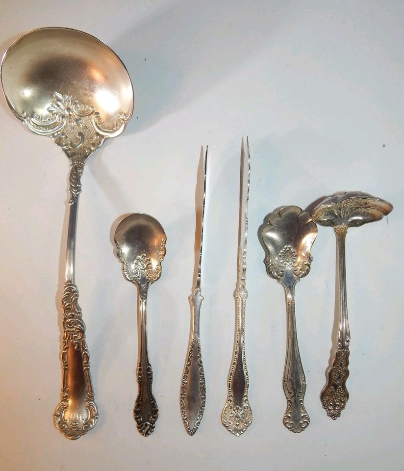 6 Ornate Silverplate Serving Pieces Punch Bowl Ladle Twisted Butter ...