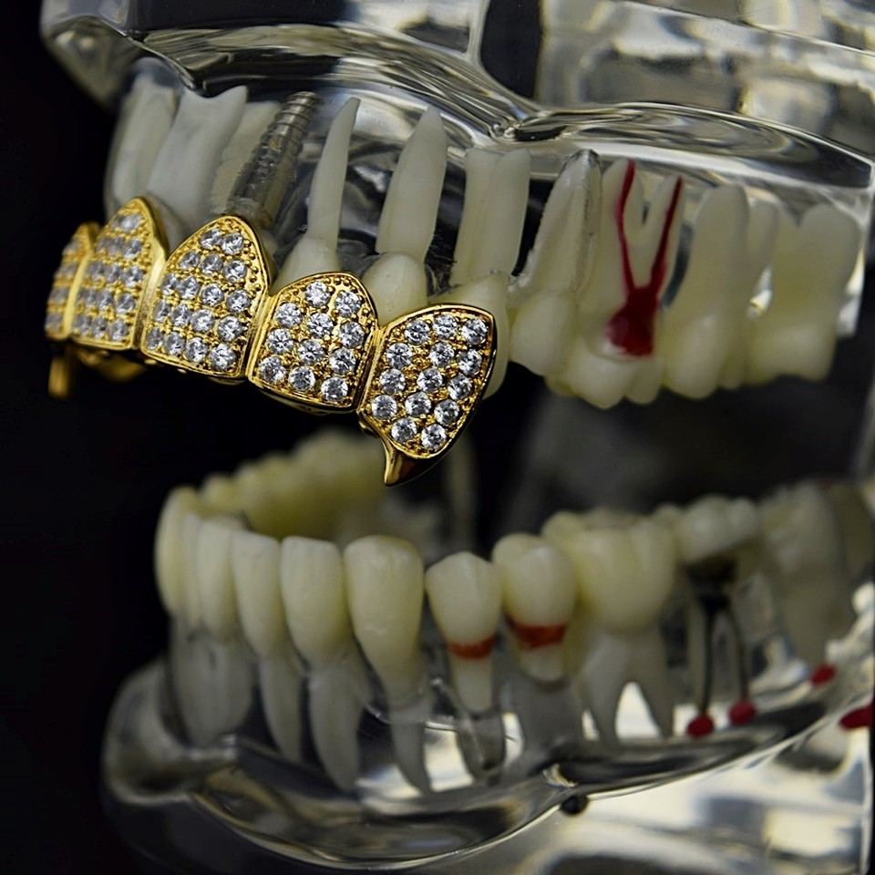 18k Gold Plated Fangs Top Grillz CZ Micro Pave Cubic Zirconia Vampire ...