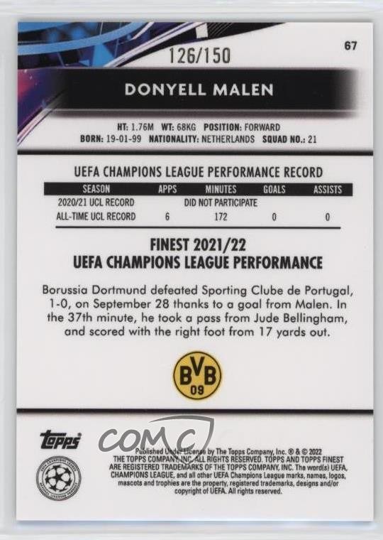 2021-22 Topps Finest UCL Blue Refractor /150 Donyell Malen #67 Rookie ...