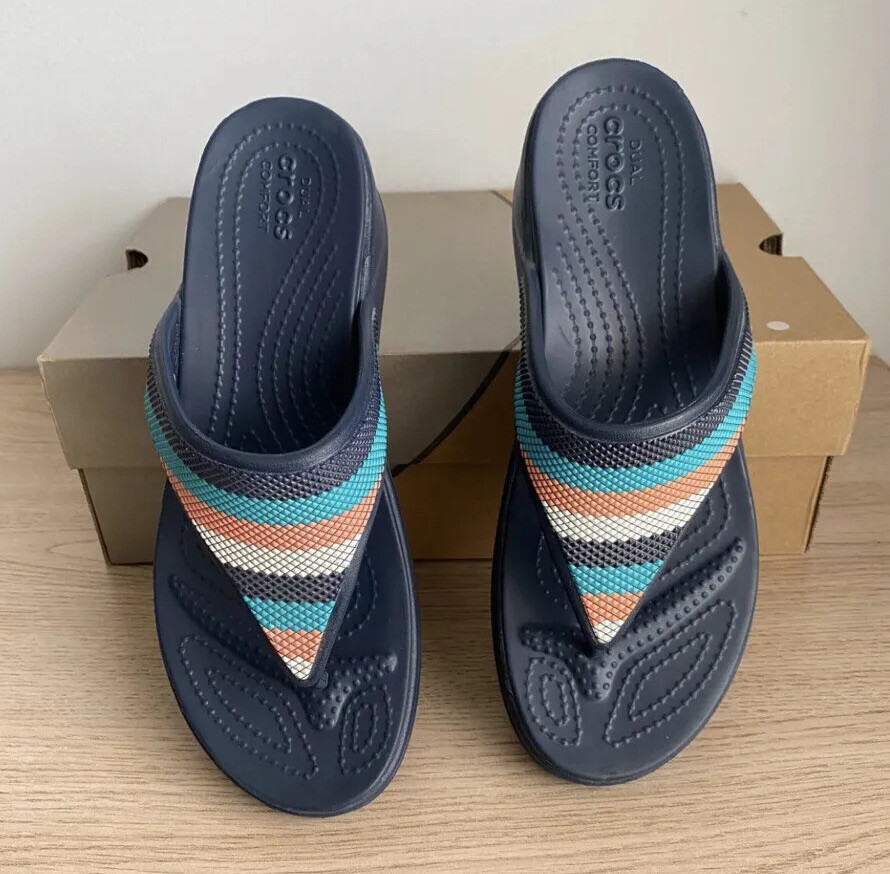 Crocs Monterey Bead Strap Wedge Flip Flop Sandal Blue… - Gem