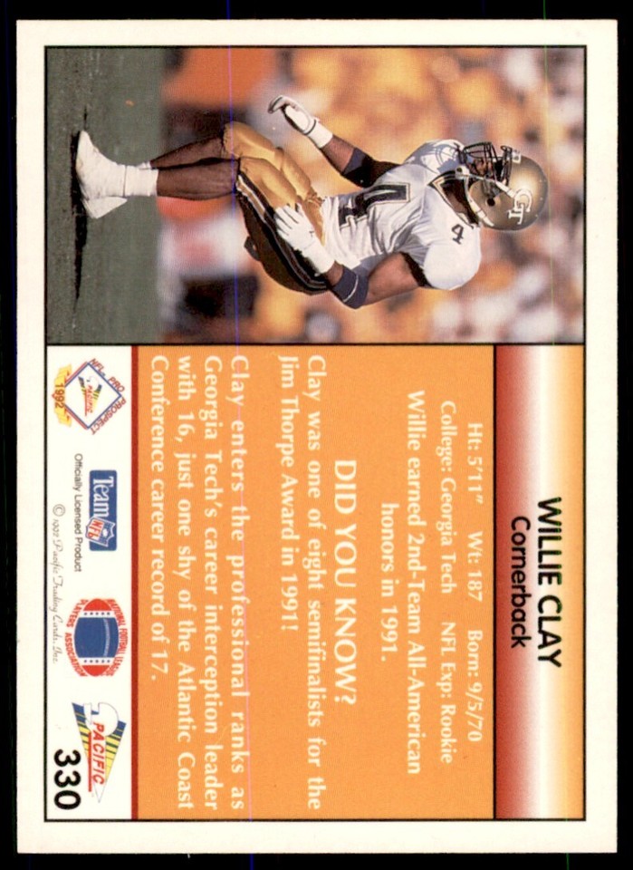 1992 Pacific Willie Clay Rookie Georgia Tech Yellow Jackets #330 | eBay