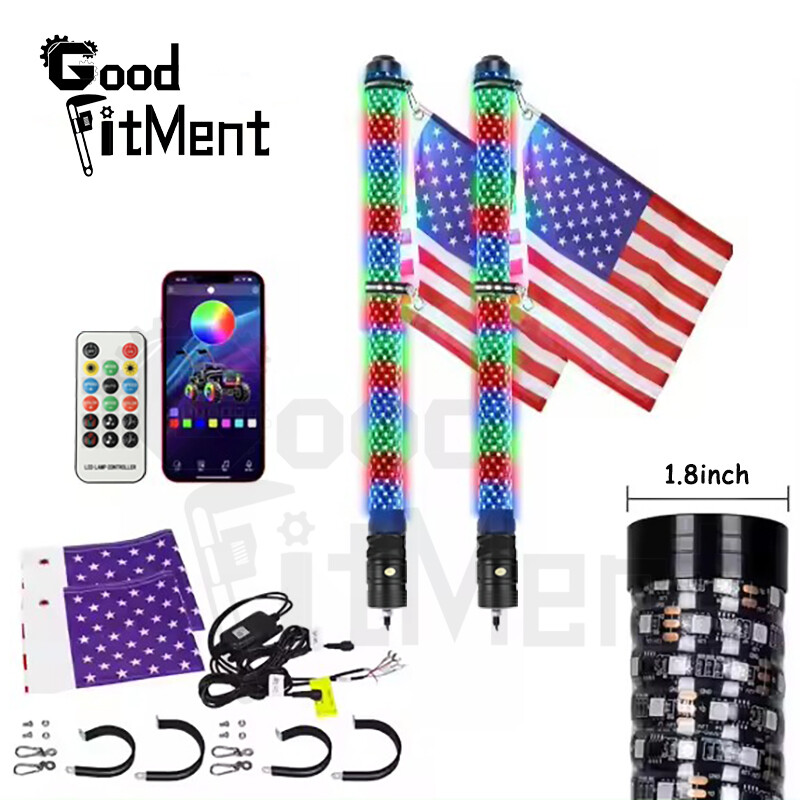 2PCS 2FT 1.8" Thick Spiral LED Fat Whip Light RGB Chasing Antenna For ...