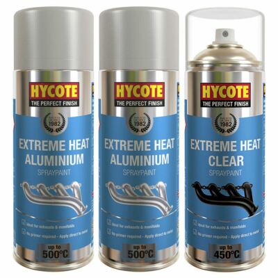 Hycote XHT Very High Temperature Aluminium Spray Paint x2 & 1 XHT Clear ...